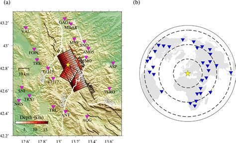 stations used in finite fault inversion a inverted triangles show