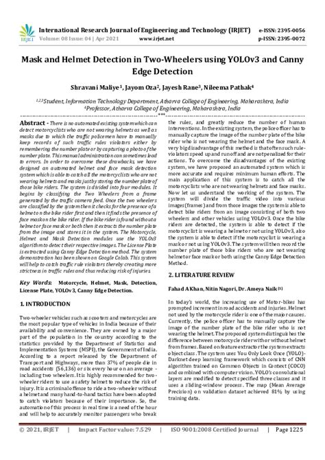 Pdf Irjet Mask And Helmet Detection In Two Wheelers Using Yolov3 And
