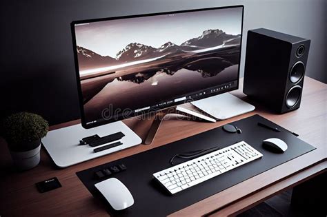 A Minimalist Desk With A Sleek Computer Monitor And Keyboard Stock Illustration Illustration