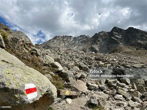스위스 알프스 산맥 대산괴의 Flüelatal 또는 Flüela 고산 계곡 경사면에 있는 등산 표지판 및 표시 다보스 스위스 그리종 주 바위에 대한 스톡 사진 및 기타