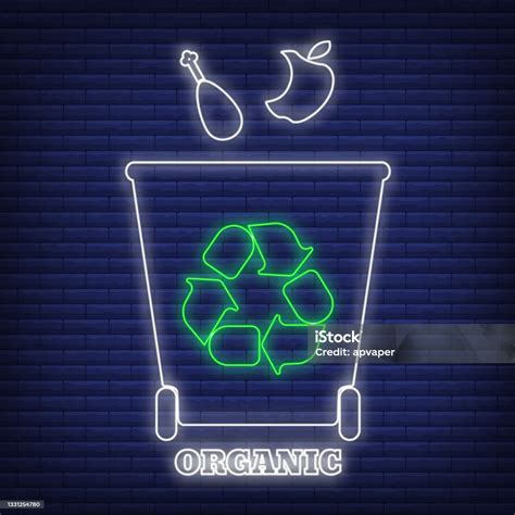 유기 재활용 폐기물 분류 컨테이너 아이콘 글로우 네온 스타일 환경 보호 라벨 플랫 벡터 일러스트레이션 검은 색으로 분리 경영자에 대한 스톡 벡터 아트 및 기타 이미지