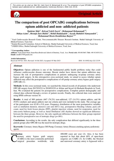 Pdf The Comparison Of Post Opcabg Complications Between Opium