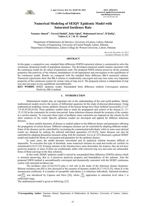 Pdf Numerical Modeling Of Seiqv Epidemic Model With Saturated