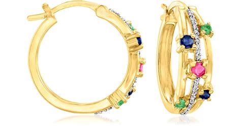 Ross Simons Multi Gemstone And Diamond Multi Row Hoop Earrings In
