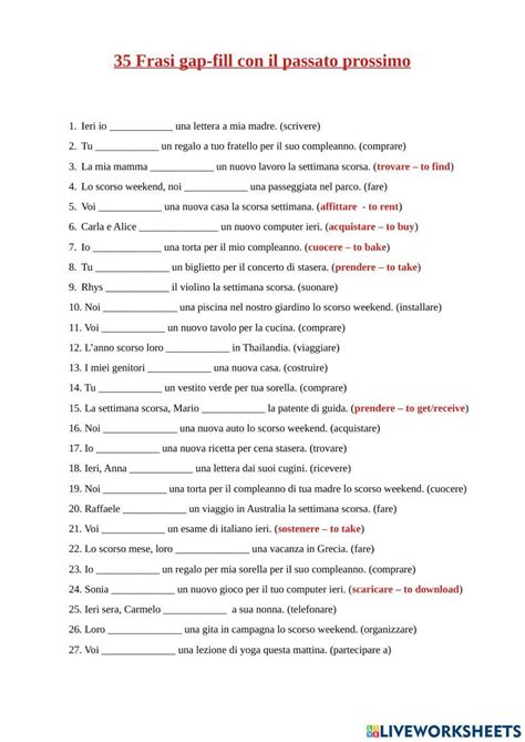 35 Frasi Passato Prossimo Con Avere Worksheet Live Worksheets