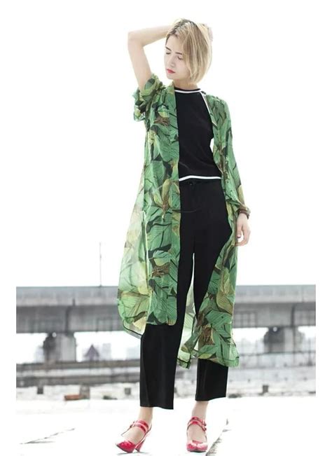 Chic Leaves Print Chiffon Long Kimono Beach Cover Up Kimono Beach