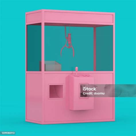 듀오 톤 스타일의 빈 카니발 핑크 장난감 발톱 크레인 아케이드 기계 3d 렌더링 갈고리 발톱에 대한 스톡 사진 및 기타 이미지
