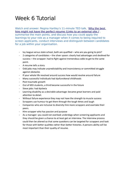 Week 6 Tutorial Week 6 Tutorial Watch And Answer Regina Hartleys 11 Minute Ted Talk ‘why