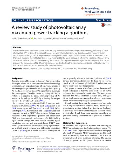 PDF A Review Study Of Photovoltaic Array Maximum Power Tracking Algorithms
