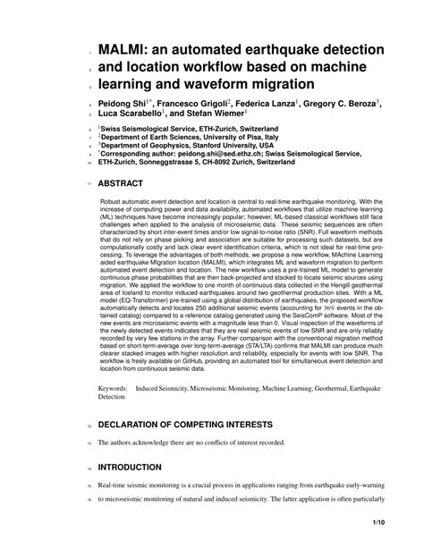 Pdf Malmi An Automated Earthquake Detection And Location Workflow Based On Machine Learning