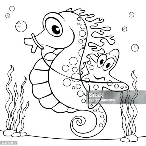 해마에 앉아 귀여운 만화 불가사리 색칠 하기 책에 대 한 흑백 벡터 그림 컬러링 북 페이지 일러스트레이션 기법에 대한 스톡 벡터