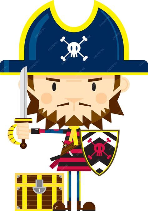 Capitaine De Pirate De Cape Et Dépée De Dessin Animé Tenant Une épée Et Un Bouclier Avec Un