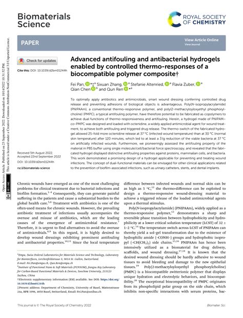 Pdf Advanced Antifouling And Antibacterial Hydrogels Enabled By The