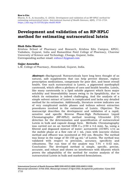 PDF Development And Validation Of An RP HPLC Method For Estimating Nutraceutical Lutein