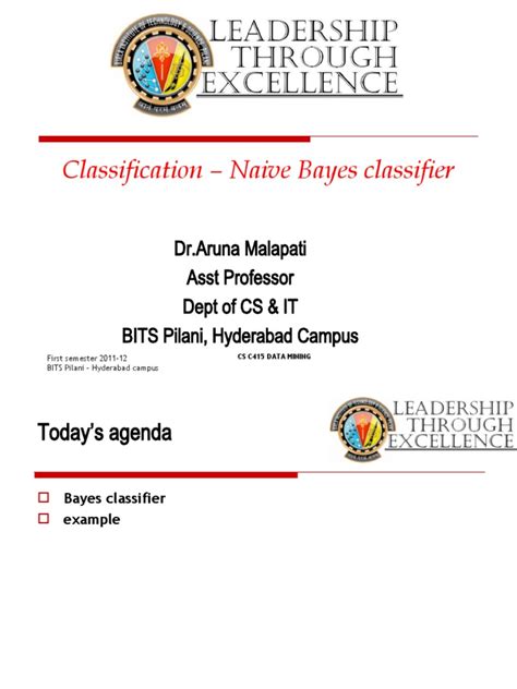 Classification Naive Bayes Classifier Dr Aruna Malapati Asst