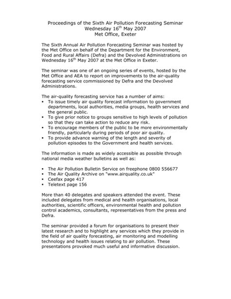 Proceedings Of The Sixth Air Pollution Forecasting Seminar Uk Air