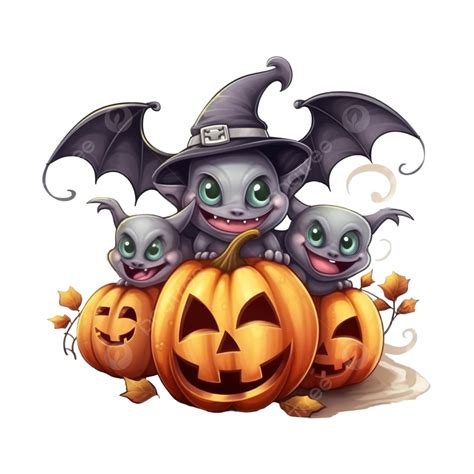 Cartoon Cute Pumpkins And Flying Bat With Vintage Scroll Greeting Happy