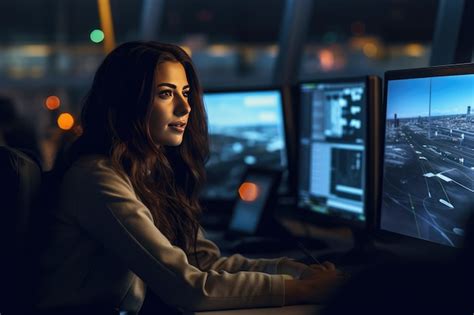 Premium Ai Image Woman Working As Air Traffic Controller Female Sitting