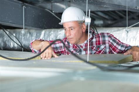 Electrician Fixing Neon On Ceiling Stock Image Image Of Plan House