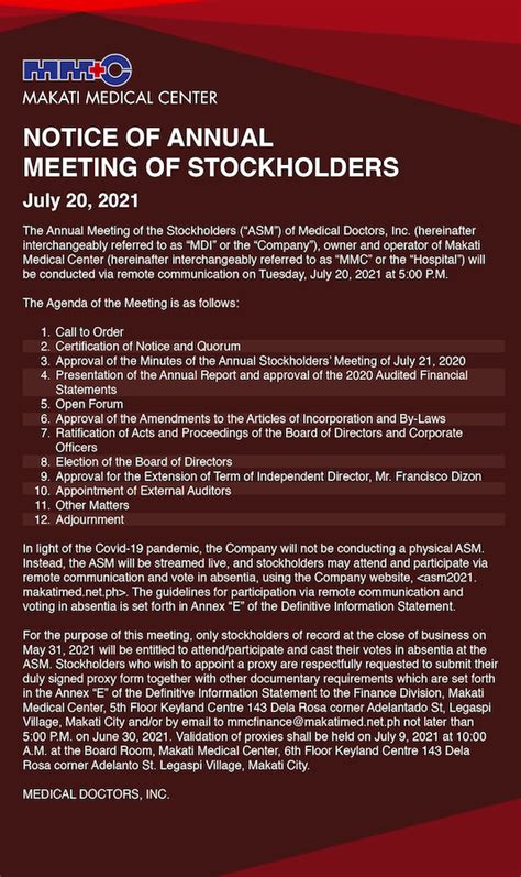 Makati Medical Center Notice Of Annual Stockholders Meeting 12