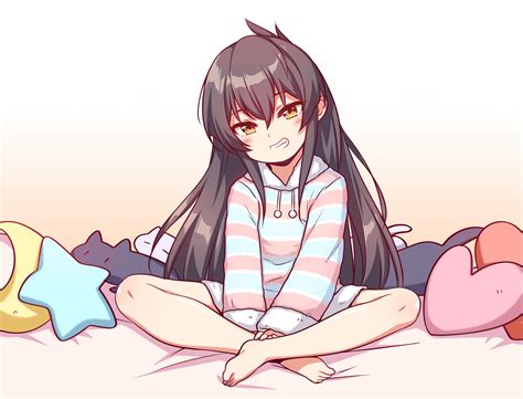 Safebooru 1girl Barefoot Bed Sheet Black Hair Blush Commentary