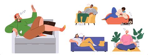 다양한 사람들의 캐릭터 세트 모바일 응용 프로그램을 사용하여 헤드폰에서 음악을 듣고 휴식을 취합니다 소파에 대한 스톡 벡터 아트