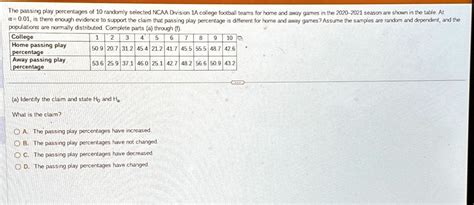 The Passing Play Percentages Of 10 Randomly Selected Ncaa Division 1a College Football Teams For