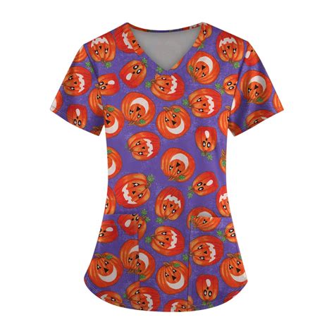 Ydkzymd Halloween Scrubs For Women Pumpkin Bat Print Short Sleeve