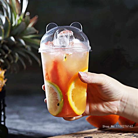창의적인 U자형 일회용 주스 밀크티 컵 차가운 음료 커피 패키지 뚜껑이 있는 플라스틱 컵 90 구경 500 Ml 50 개 Aliexpress