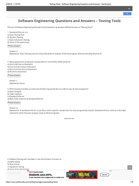 Testing Tools Software Engineering Questions And Answers Sanfoundry Pdf Software Testing