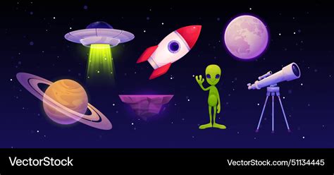 Space Rocket Game Ufo Cute Alien Telescope And Vector Image