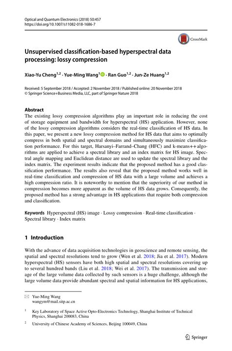 Pdf Unsupervised Classification Based Hyperspectral Data Processing Lossy Compression