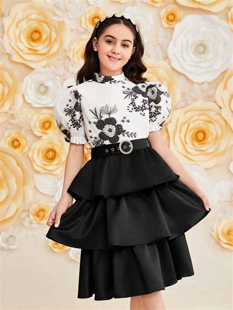 Shein Drmz Tween Girl Tween Girls Cute Jacquard Print Stand Collar