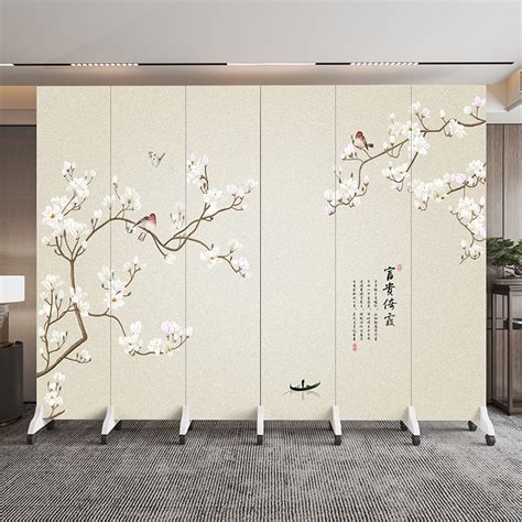 中式辦公室屏風隔斷客廳摺疊移動遮擋簾酒店餐廳室內花鳥折屏家用 蝦皮購物