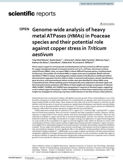 Pdf Genome Wide Analysis Of Heavy Metal Atpases Hmas In Poaceae