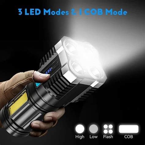 Plastic 5w 4 Led Torch Lights Rechargeable Emergency Torch Light 4 Mode Torch Cool White At Rs
