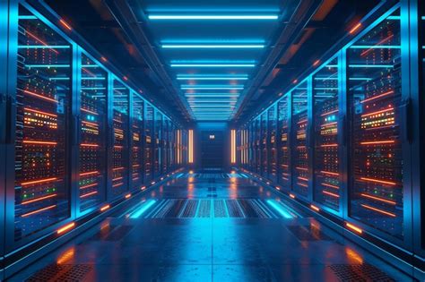 Blue And Orange Server Room With Neon Lights Premium Ai Generated Image