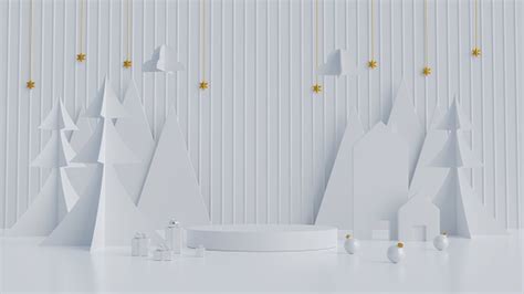 흰색 배경에 기하학적 실린더 연단으로 최소한의 장면 메리 크리스마스와 행복한 새해 프리젠 테이션3d 렌더링 일러스트 크리스마스에