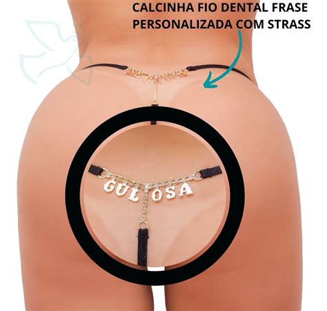 Calcinha Fio Dental Renda Frases Escrita Strass MercadoLivre