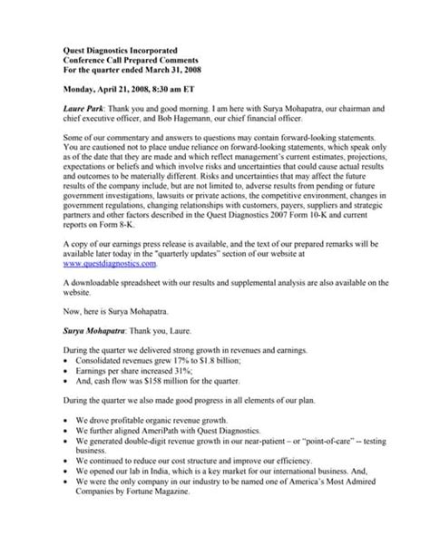 Quest Diagnostics Q108script Pdf Business Accounting And Finance Business