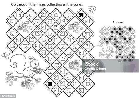เขาวงกตหรือเกมเขาวงกต ปริศนา โครงร่างหน้าระบายสีของกระรอกการ์ตูนที่มีกรวยเฟอร์ สมุดระบา