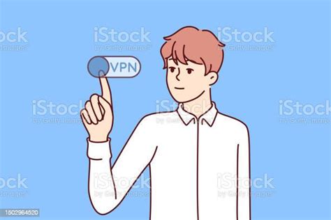 남자는 인터넷에서 보이지 않는 상태를 유지하고 개인 정보 보호 온라인 서핑을 유지하기 위해 Vpn 버튼을 누릅니다 막는 동작에