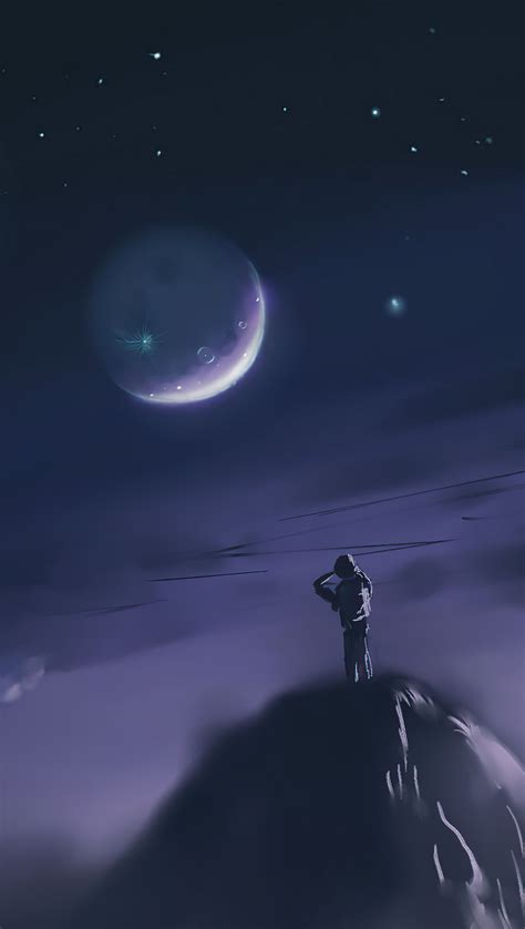 Hombre Sobre Montaña Mirando A La Luna Arte Digital Fondo De Pantalla