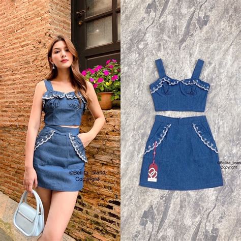 Bellita ชุดเซต เสื้อครอป แต่งระบายปักขอบสีขาว กับกระโปรง ผ้ายีนส์ Szm