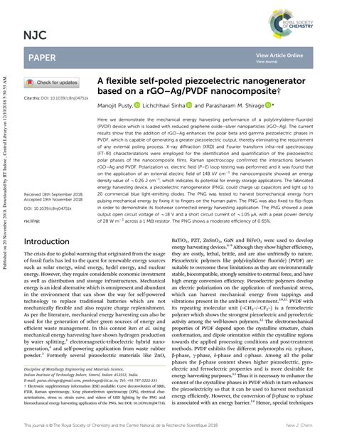 Pdf Flexible Self Poled Piezoelectric Nanogenerator Based On Rgo Ag