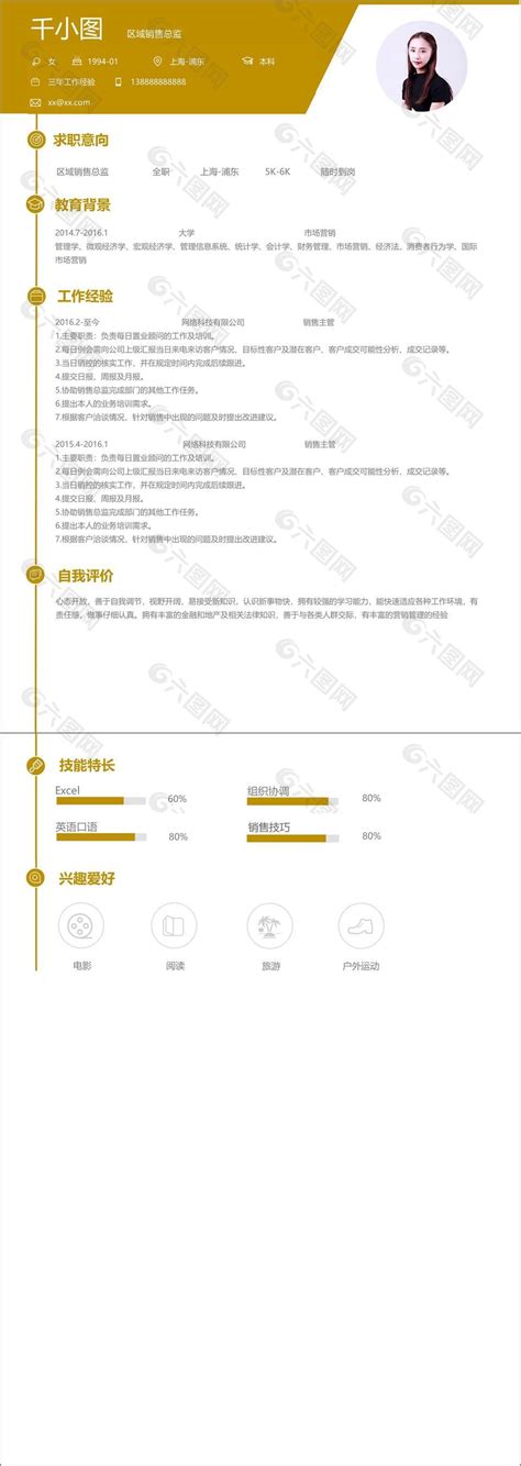 区域销售总监个人简历模板PPT模板素材下载 六图网