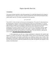 Lab Specific Heat Lab Docx Physics Specific Heat Lab Introduction The Amount Of Heat