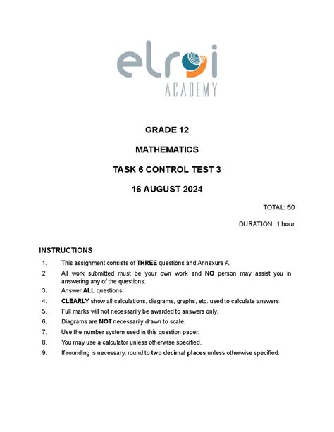 2024 Mathematics Grade 12 Task 6 Control Test 3 • Teacha