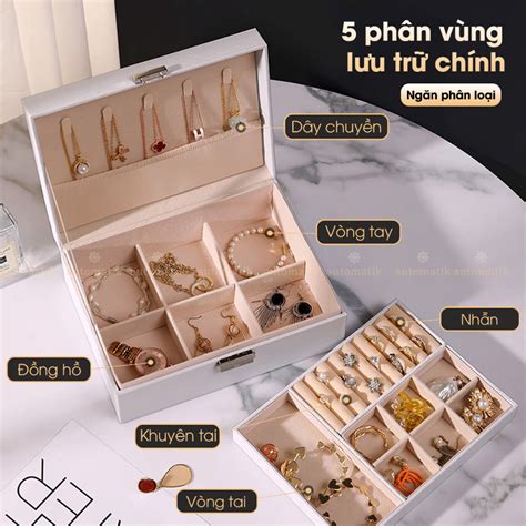 Hộp Đựng Trang Sức Nhiều Ngăn Có Khóa Hộp Đựng Nữ Trang Bọc Da Đựng