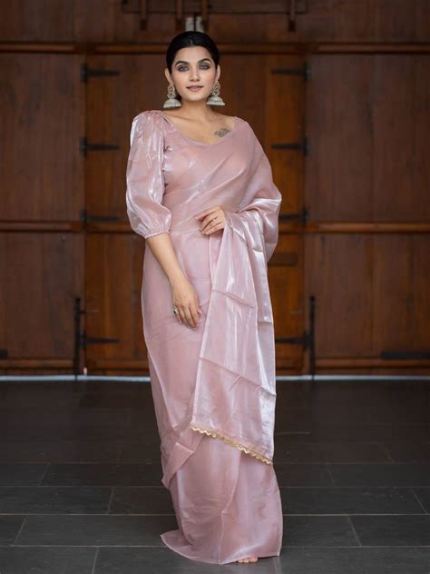 Exclusive Peach Color Jimi Silk Plain With Pallu Lace Border Saree